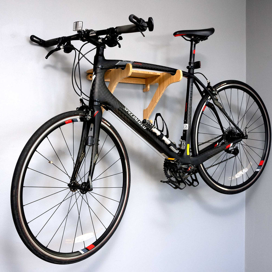 Premium In-Home Bamboo Bike Wall Mount with Shelf & Utility Hooks ...